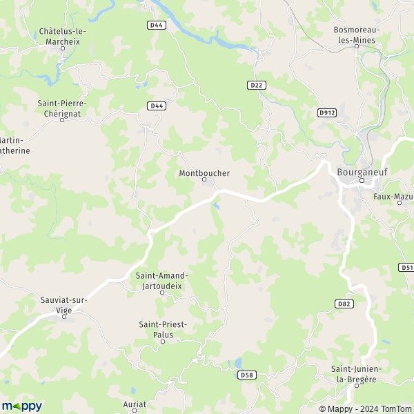 Plattegrond Montboucher : kaart van Montboucher (23400) en praktische info