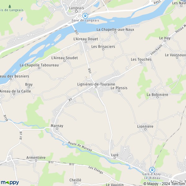 Plattegrond Lignières-de-Touraine : kaart van Lignières-de-Touraine ...
